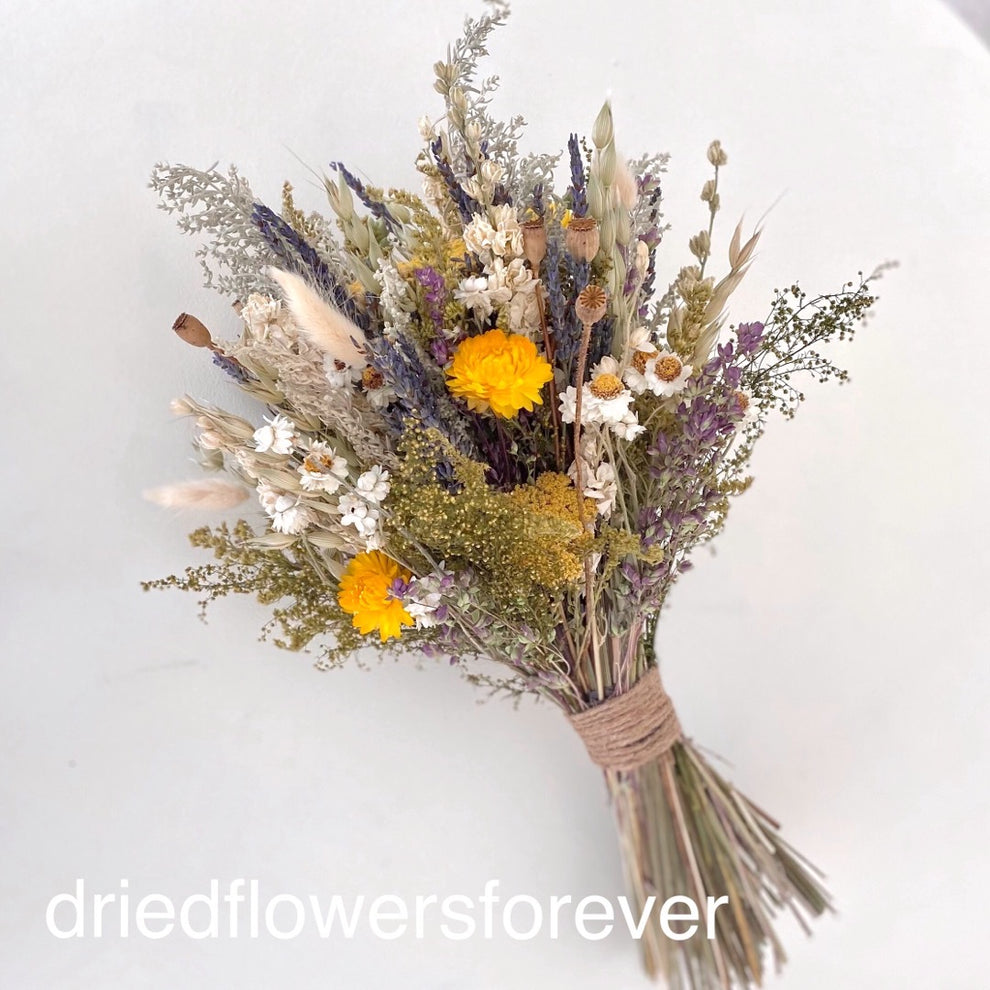 Yellow Blue Gray Wildflower Wedding Bouquet - Dried Flowers Forever
