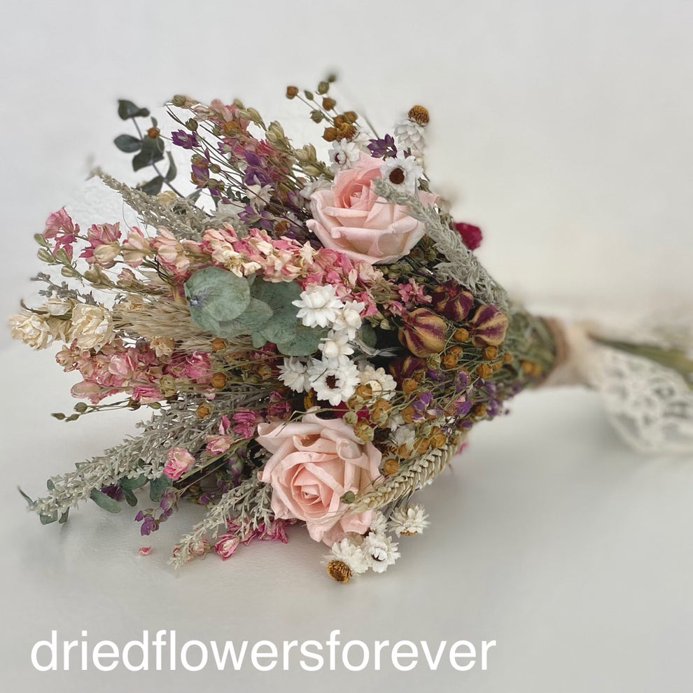 Pink Wedding Bouquet w/ Pale Pink Roses - Dried Flowers Forever